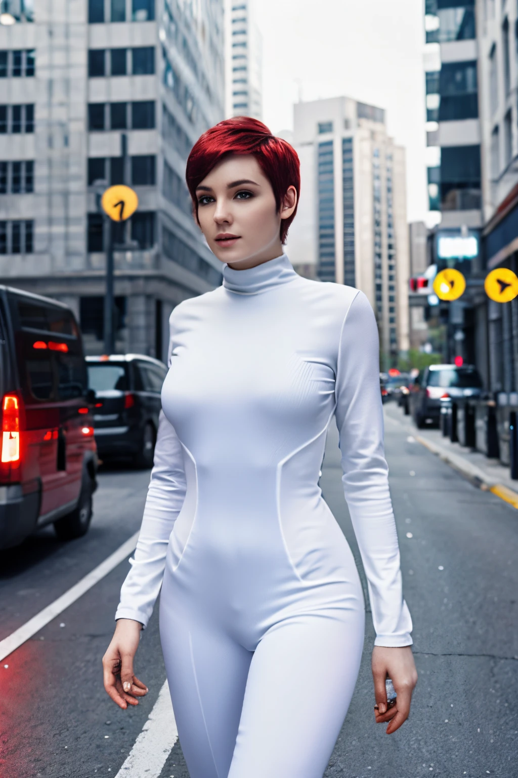 Arafed woman in white outfit walking down a city street - SeaArt AI