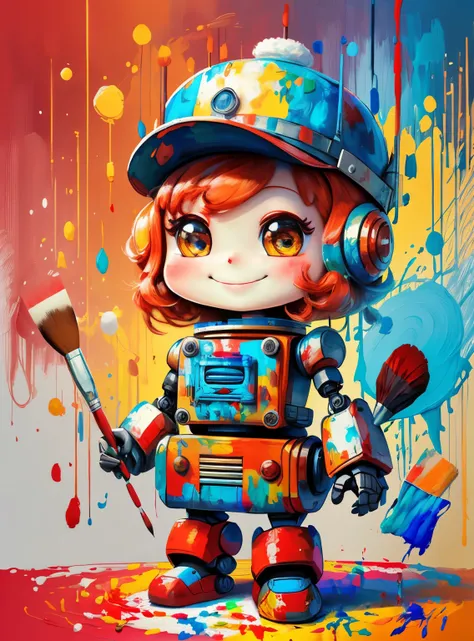 (cute robot smiling with blue hat, paintbrush painting) Munchkinl ...
