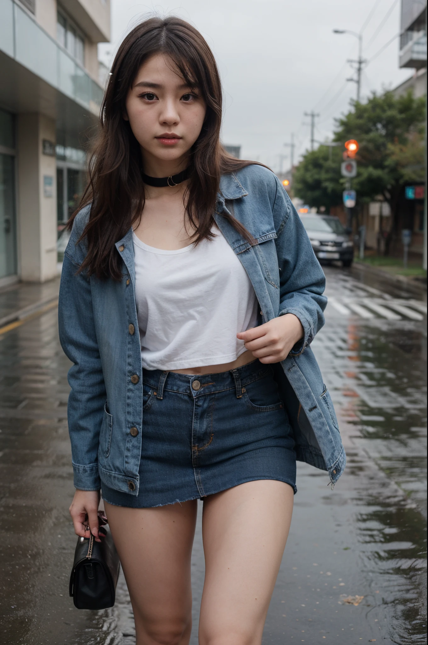 Arafed asian woman in a white shirt and denim shorts - SeaArt AI