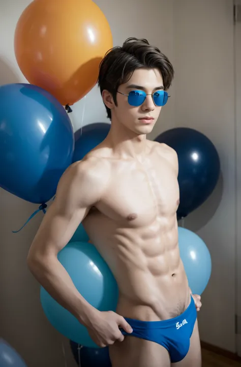 16-year-old boy, sitting on big violet balloon between legs, wearing green speedos, shirtless ...