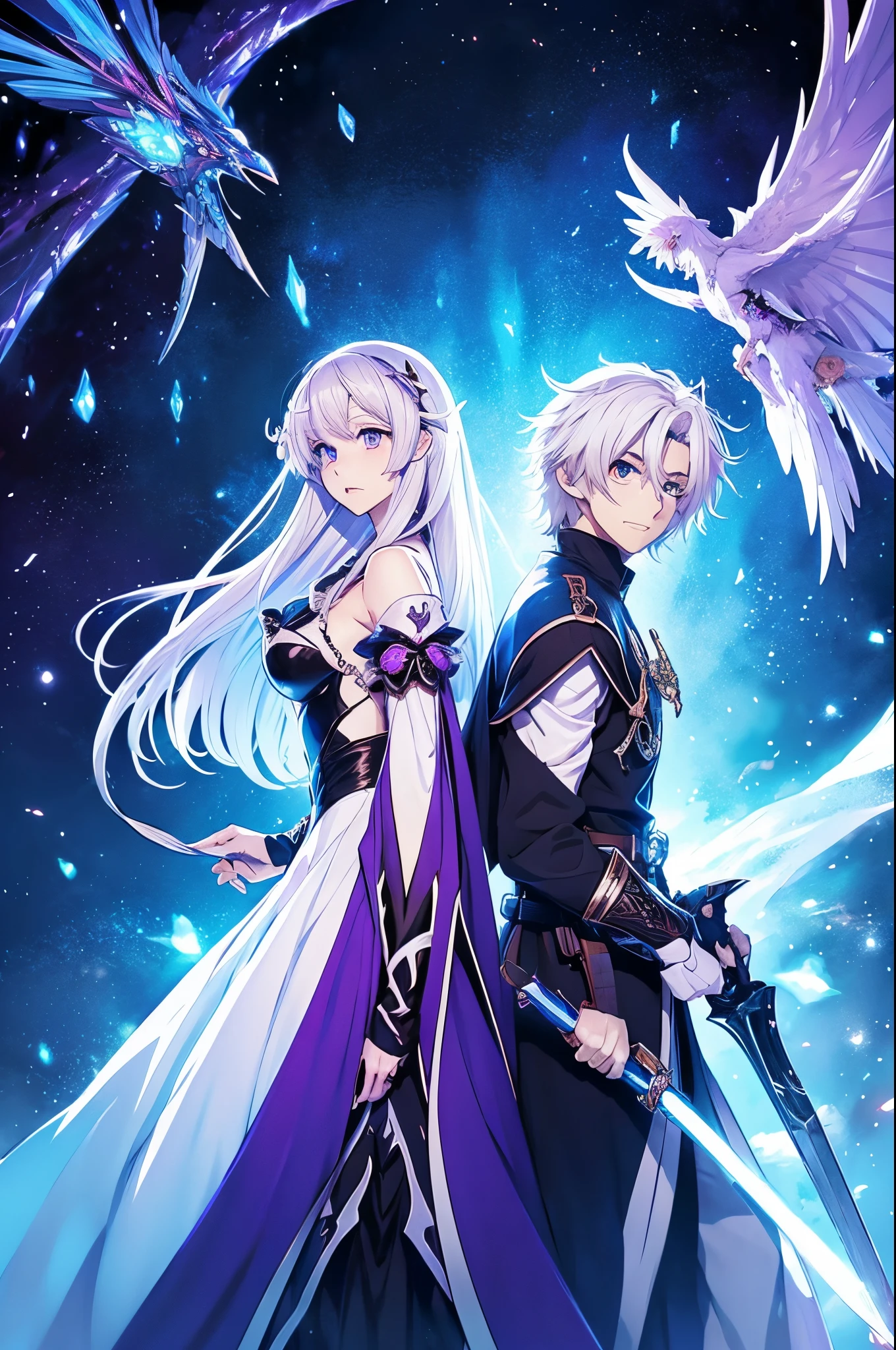 Two anime characters standing next to each other in front of a blue sky ...