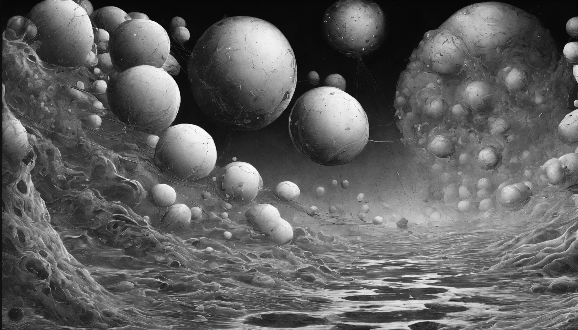 A black and white photo of a group of spheres floating in the air ...