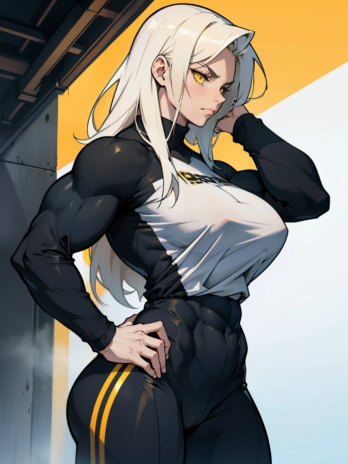 girl muscles huge breasts black long hair yellow eyes pale skin thick toned body muscular long ...