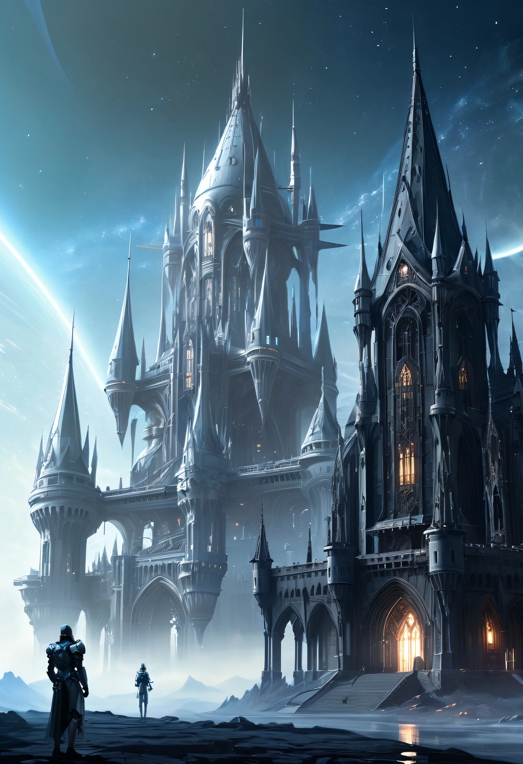 Translucent ethereal alien warrior,In the background is a huge high-tech mobile Gothic castle，a ...