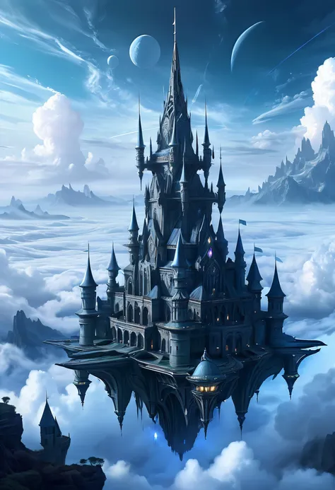 Translucent ethereal alien warrior,In the background is a huge high-tech mobile Gothic castle，a ...