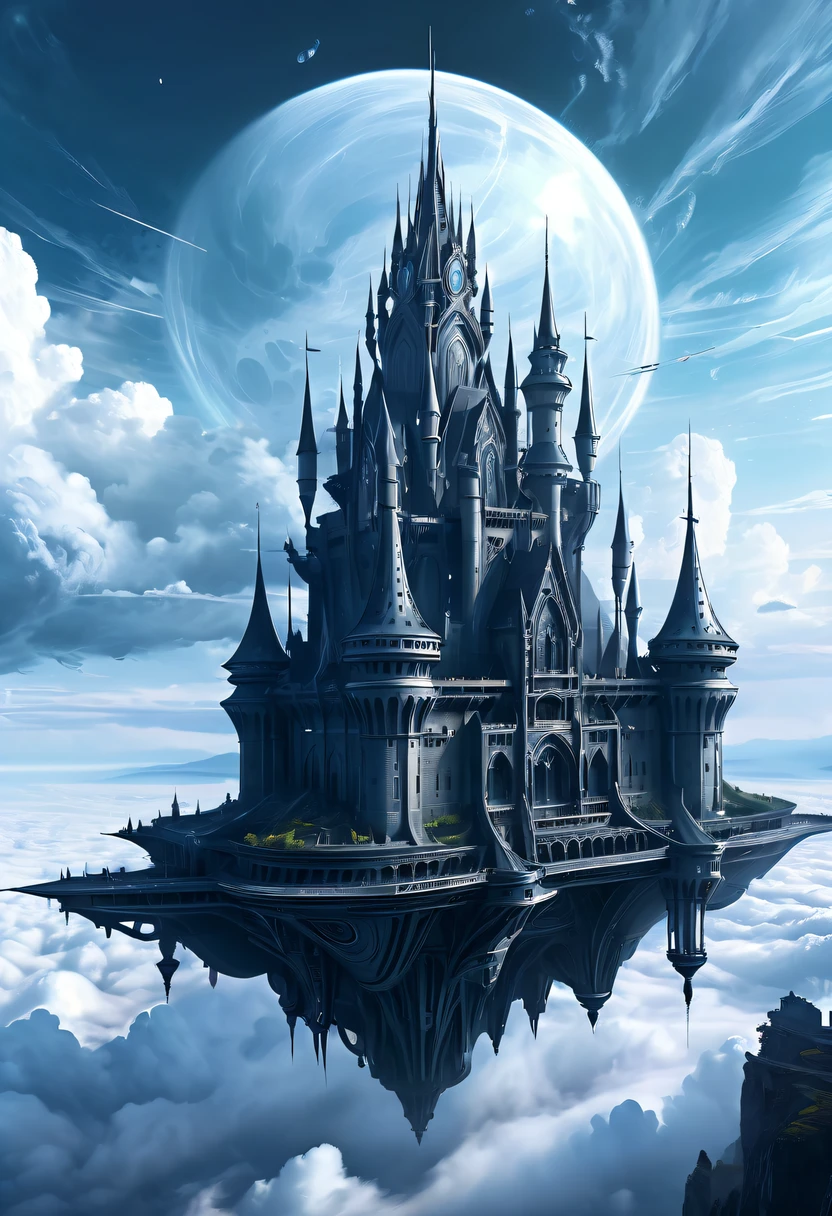 A large castle floating in the sky with a moon in the background - SeaArt AI