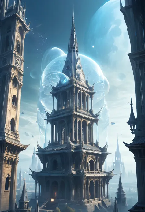 Translucent ethereal alien warrior,In the background is a huge high-tech mobile Gothic castle，a ...