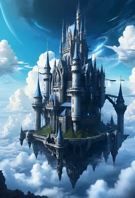 Above the clouds，Interstellar voyage，Huge high-tech floating medieval ancient palace，Above the ...