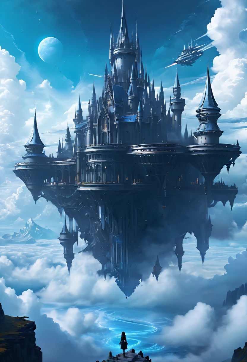 A castle in the sky with a man standing on a rock - SeaArt AI