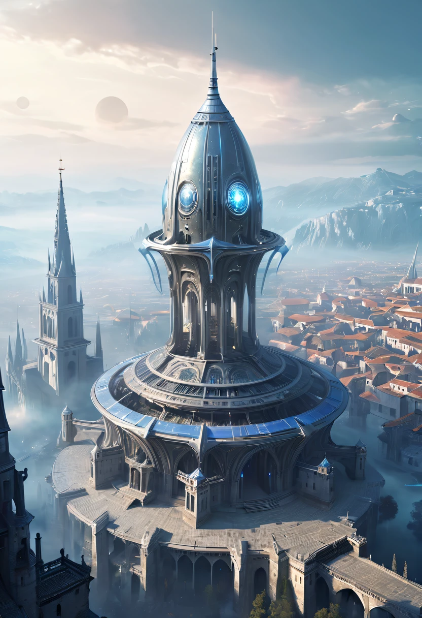 Arafed view of a futuristic city with a clock tower - SeaArt AI