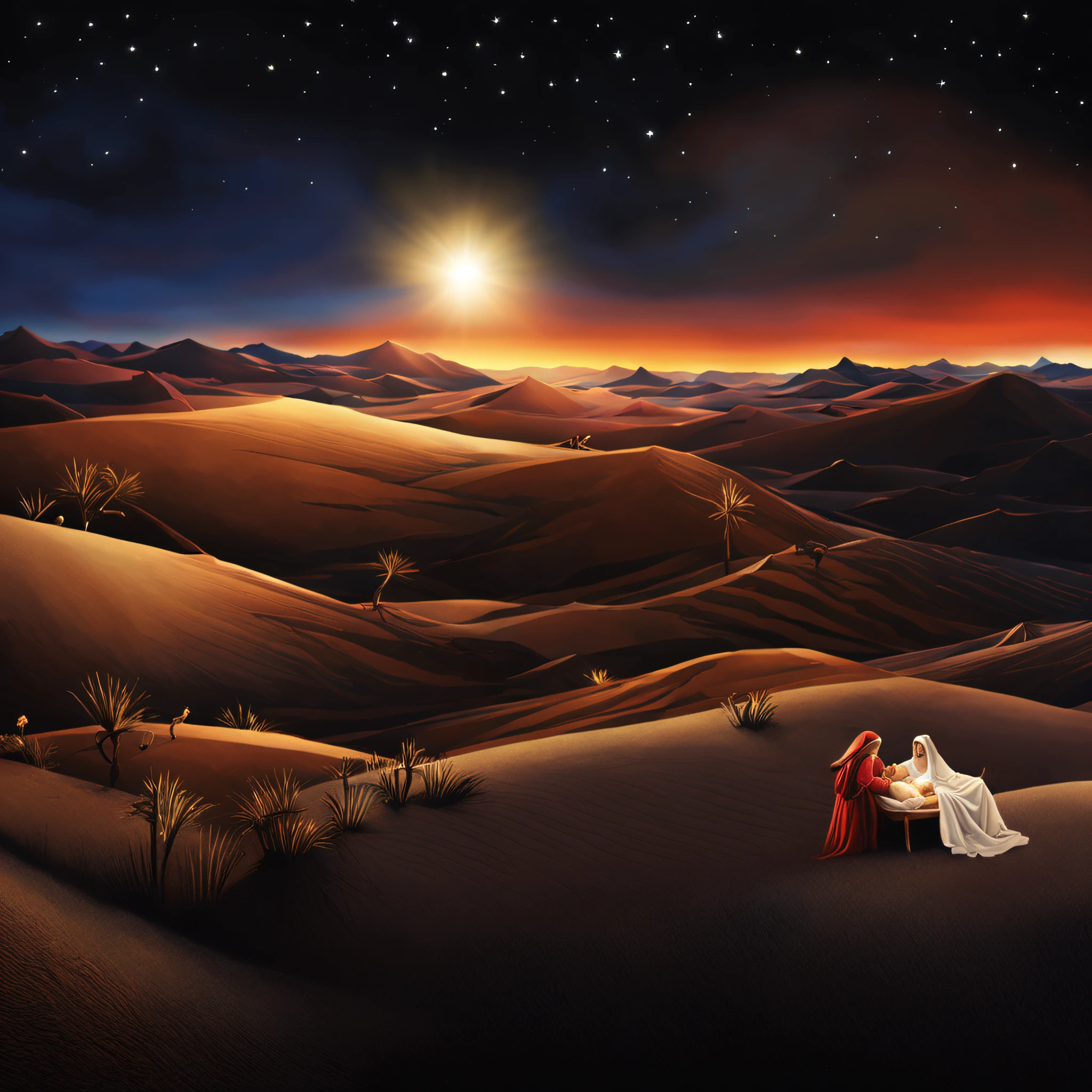 A painting of a couple sitting in the desert at night - SeaArt AI