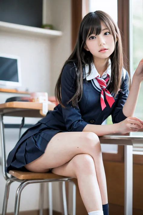 Cute female student sitting cross-legged at the desk, Realistic Young Gravure Idol, of a ...
