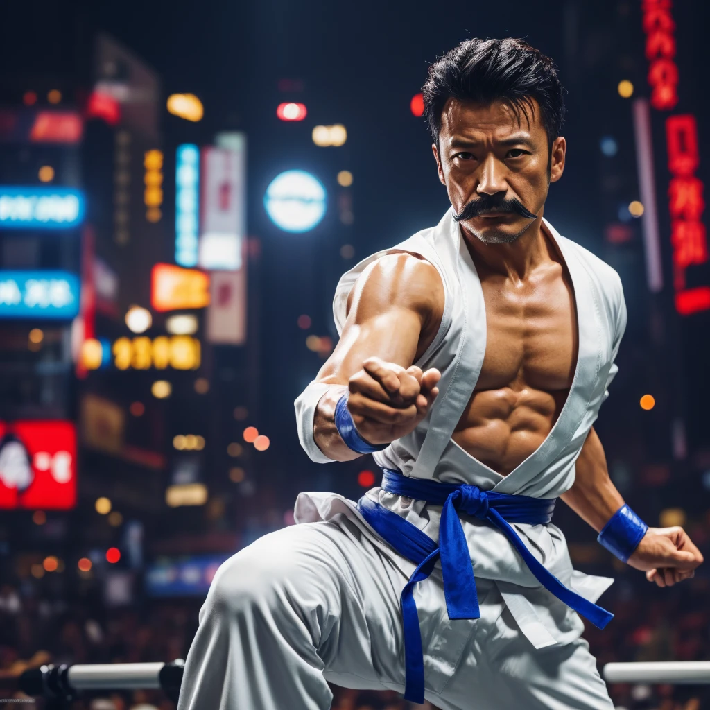 50 years old，Hidetoshi Nakata ，（Kogoro Mouri 1.3), man in Ryu outfit - SeaArt AI