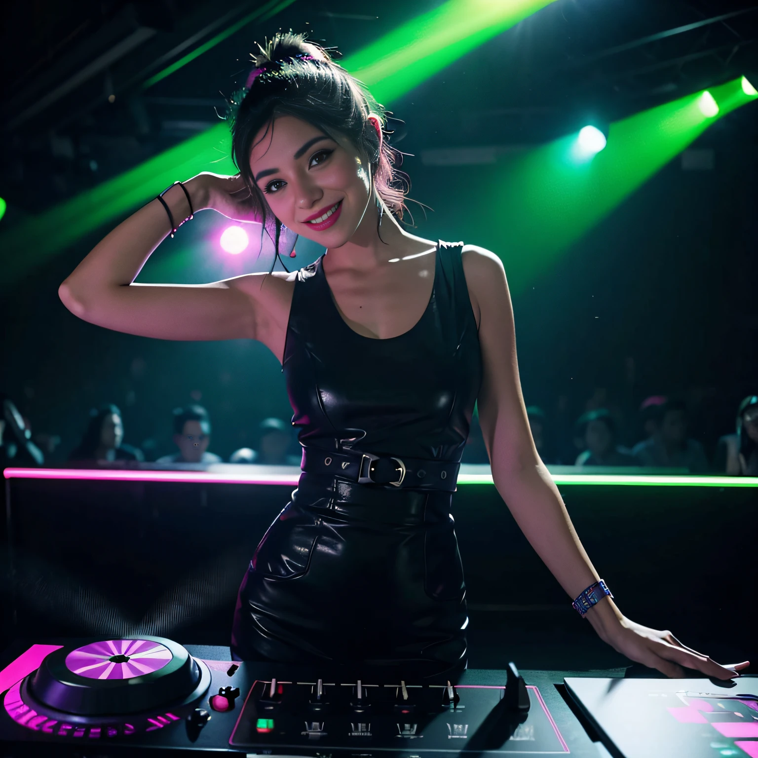 Woman in black dress standing at a dj table with a dj controller - SeaArt AI