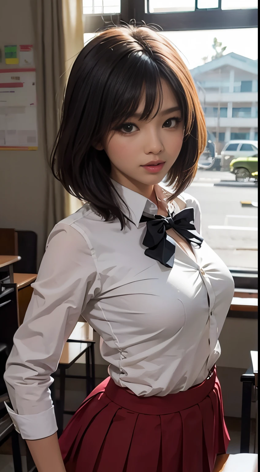 Arafed asian woman in a white shirt and red skirt posing for a picture - SeaArt AI