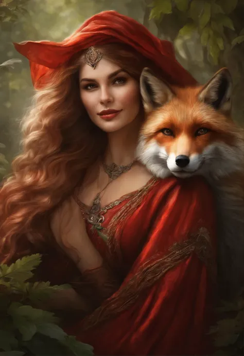 Arafedka in a red dress and a fox in the forest, graphic artist magali villeneuve, a beautiful ...