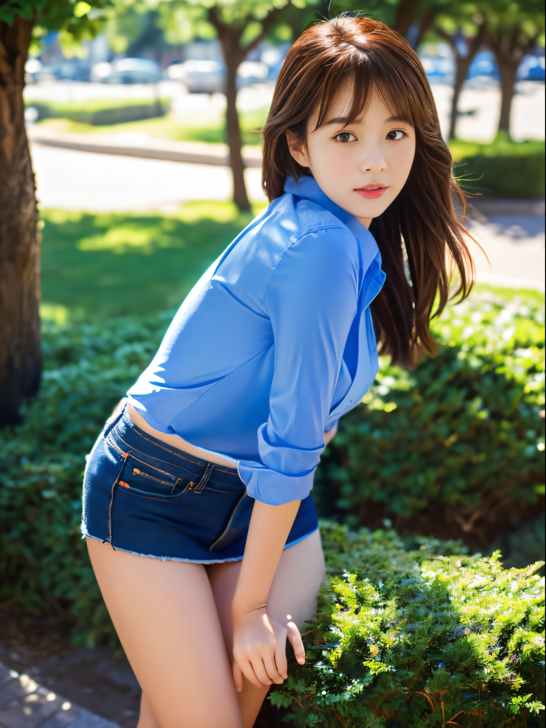 A Close Up Of A Woman In A Blue Shirt And Shorts Posing Seaart Ai