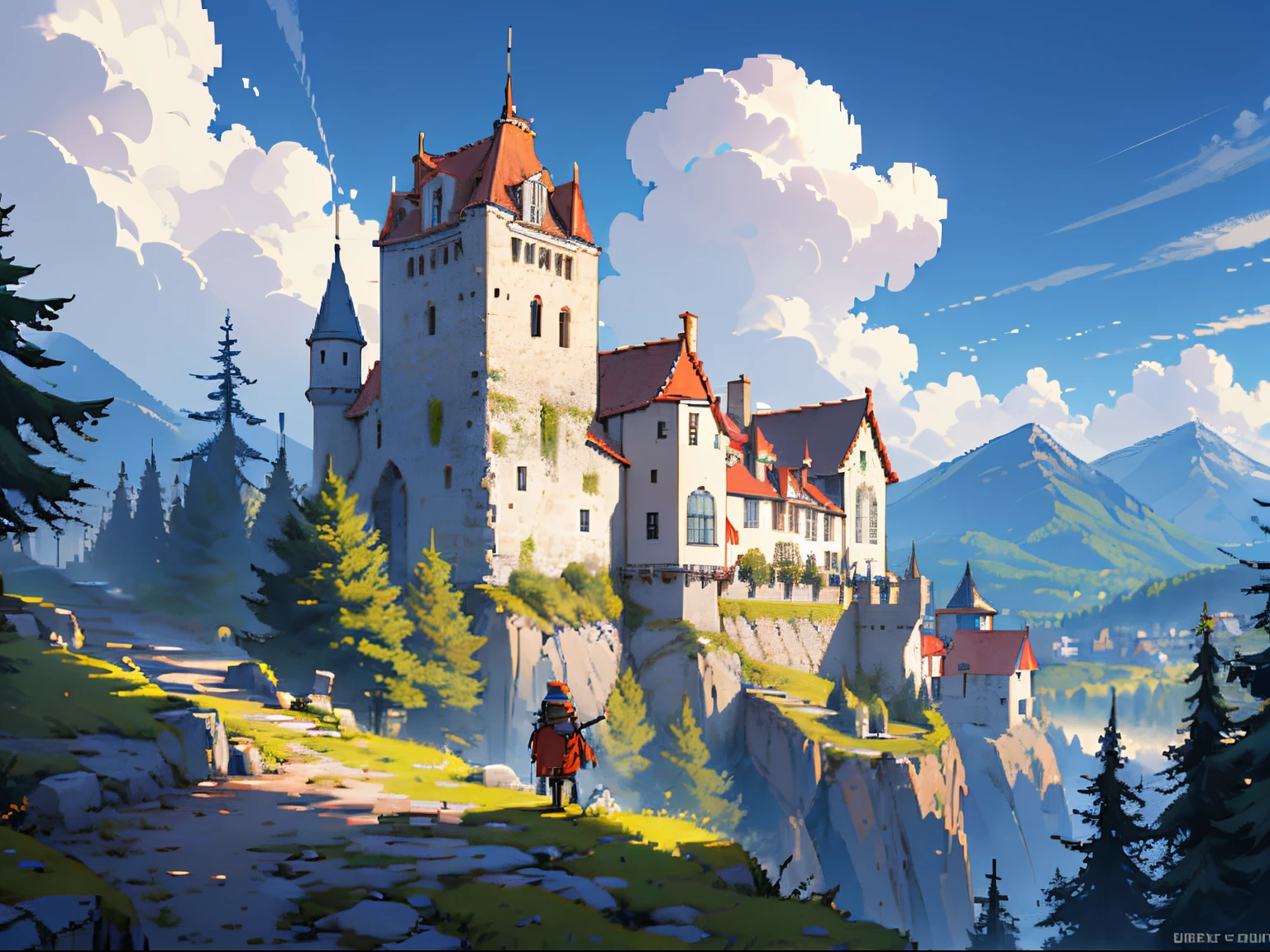 A pixel art of a medieval warrior on a hill looking at a medieval ...