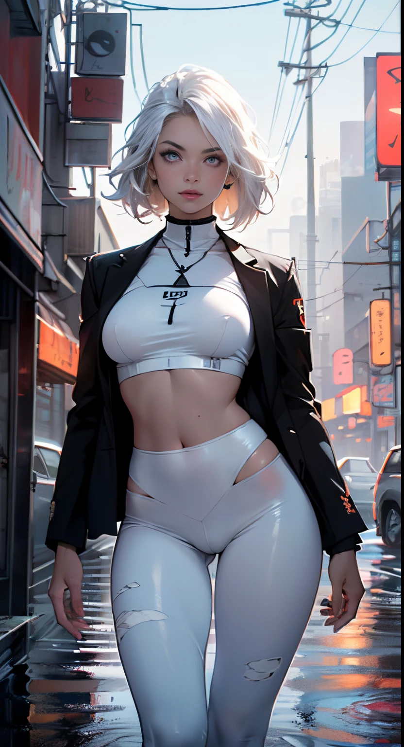 Arafed woman in white outfit walking down a city street - SeaArt AI