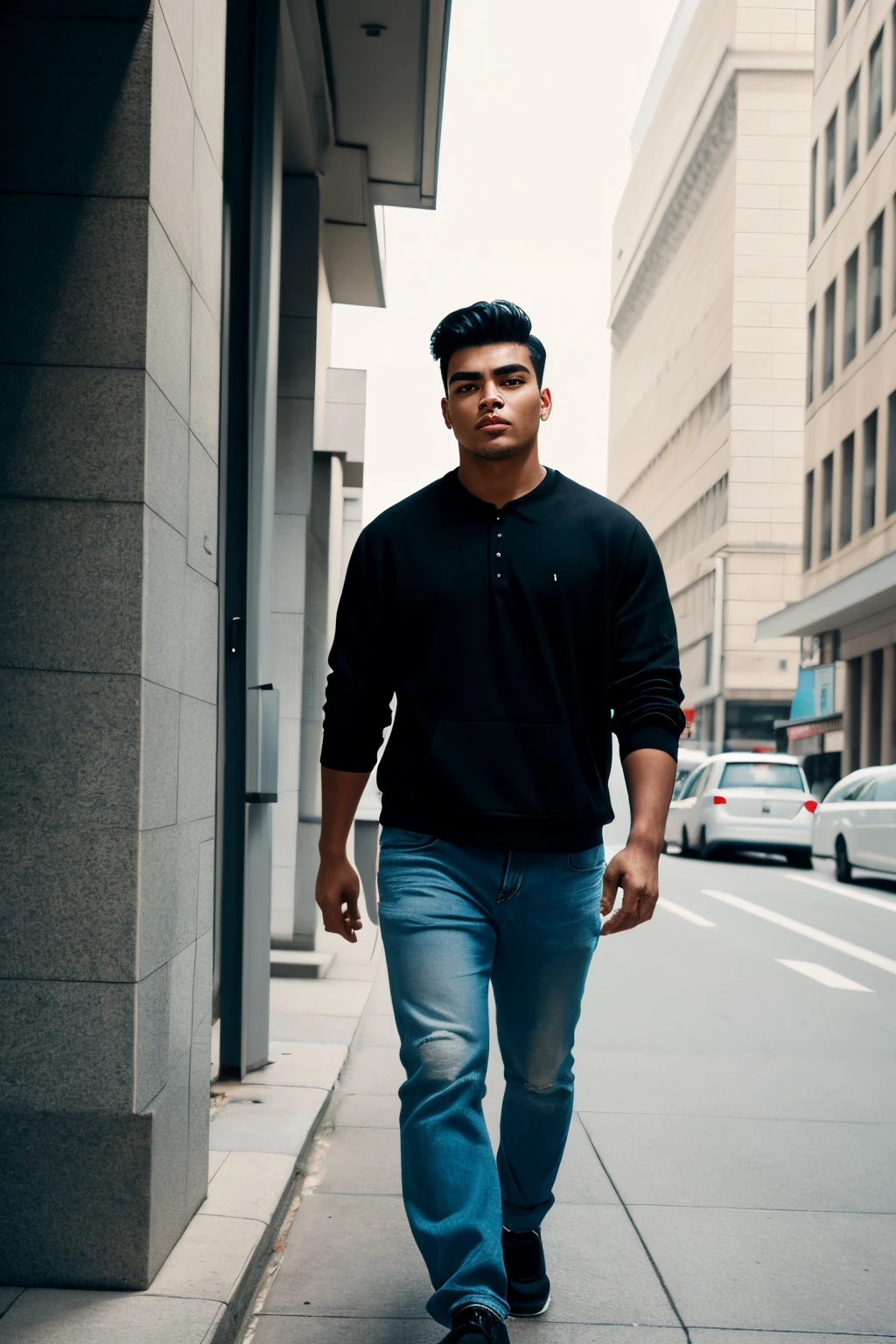 Araffe walking down the street in a black shirt and jeans - SeaArt AI
