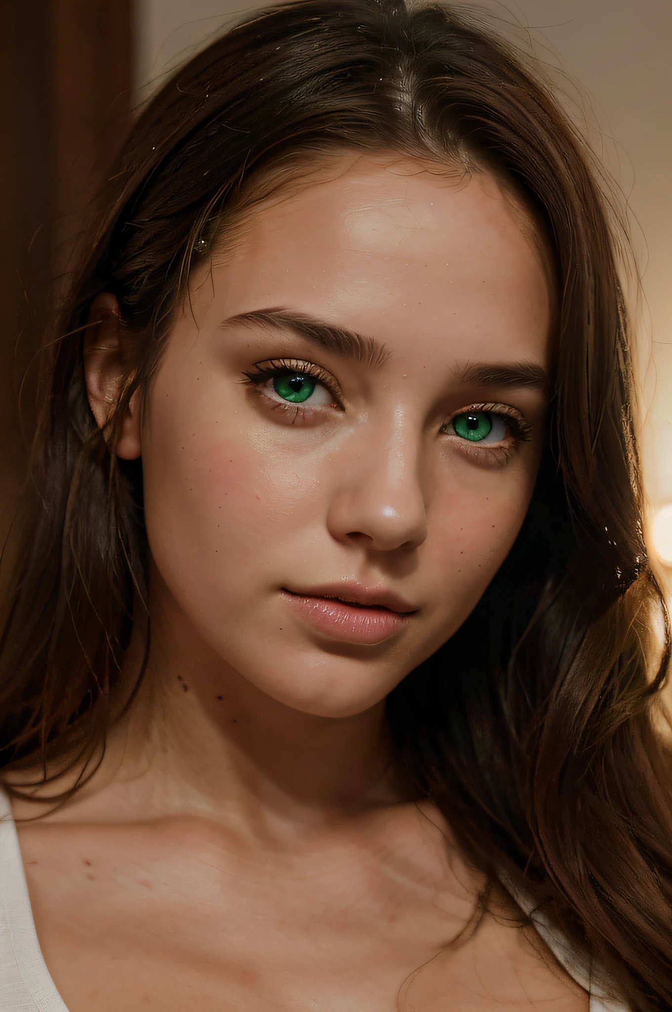 A close up of a woman with green eyes and a white shirt - SeaArt AI