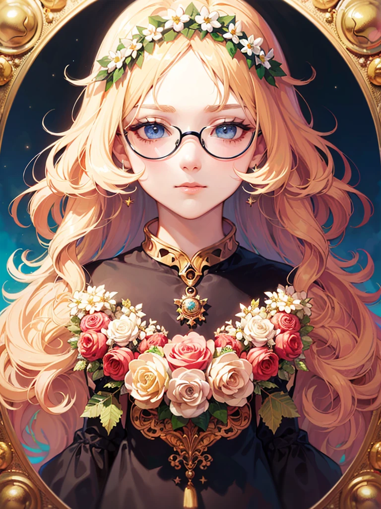 European woman face portrait、Long curly hair、blondes、Flower frame - SeaArt AI