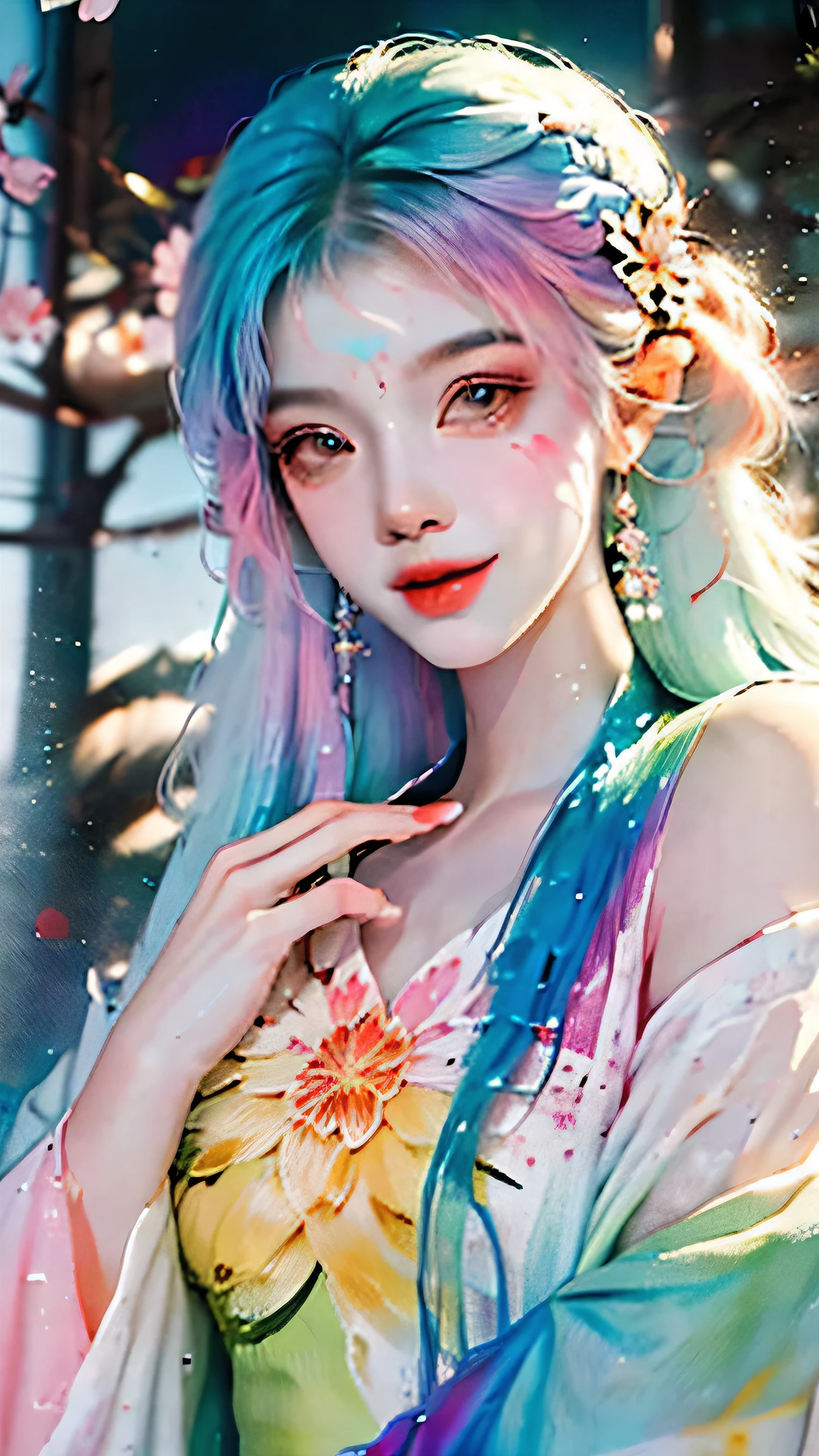 Arafed woman with blue hair and colorful hair posing for a picture - SeaArt AI