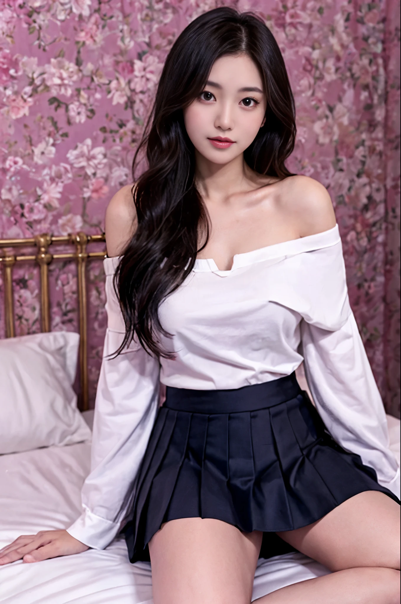 Araffe asian woman in a white shirt and black skirt sitting on a bed - SeaArt AI