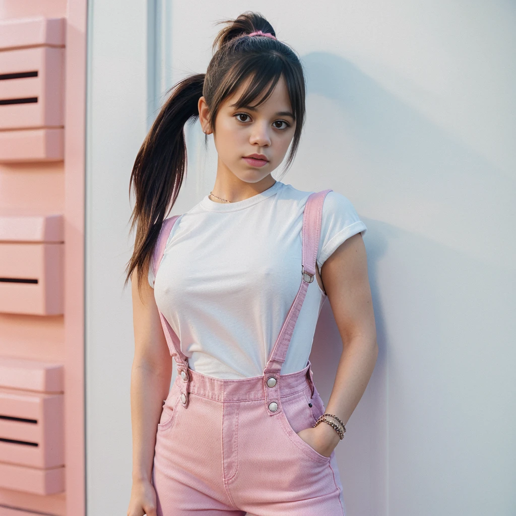 NSFW, jenna ortega, long ponytail, pink overalls, studs, white shirt - SeaArt AI