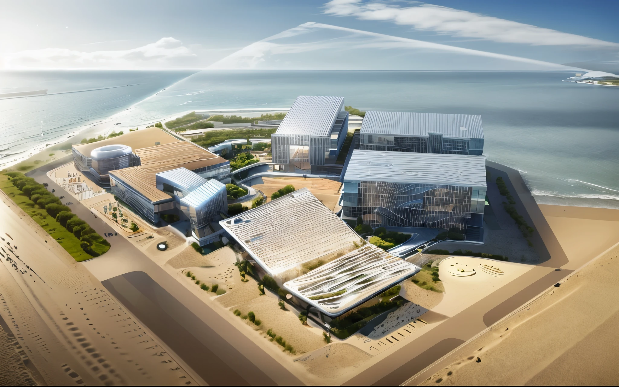 Aerial view of a building on a beach with a body of water - SeaArt AI