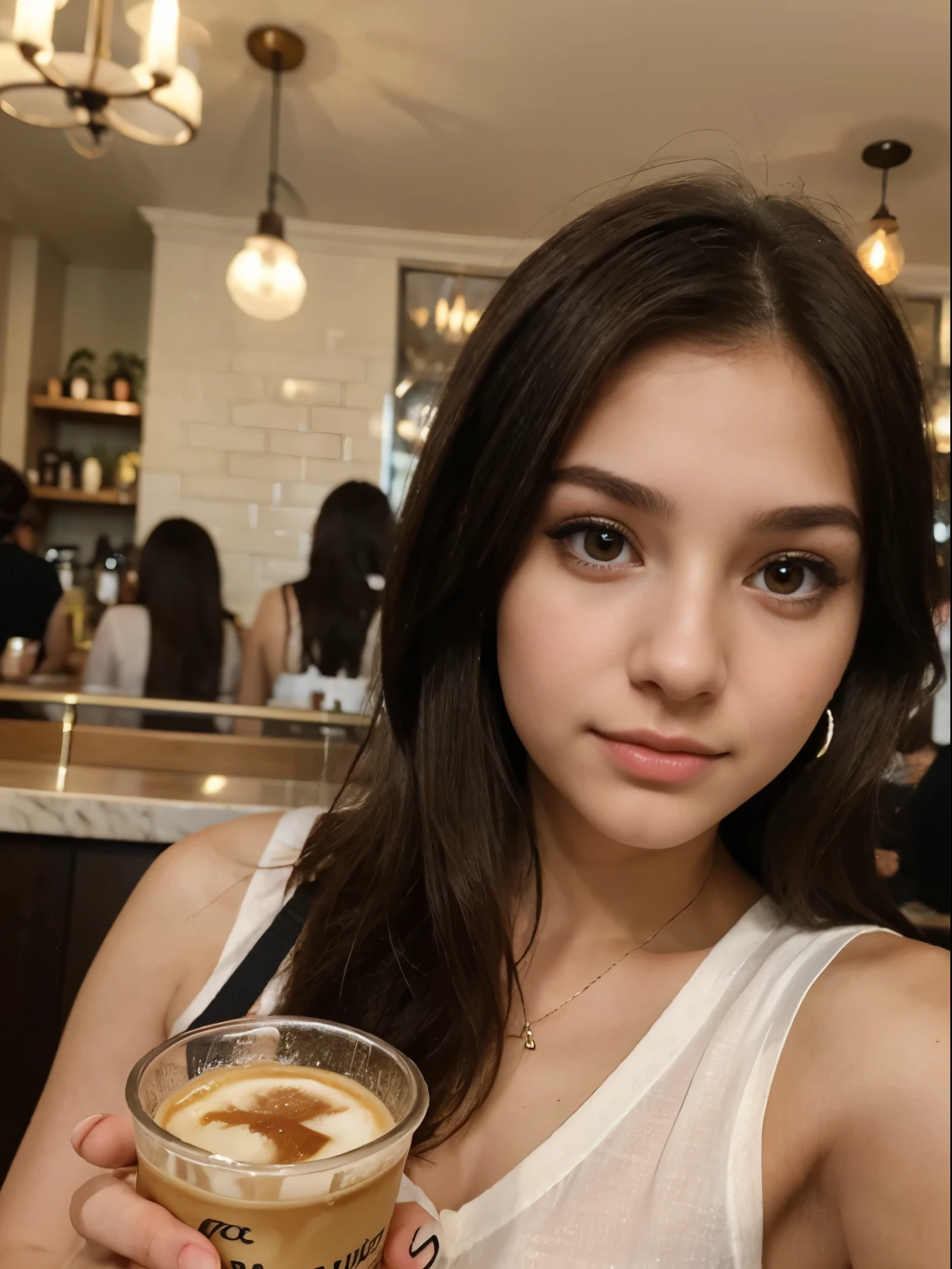 Photo of a 20 year old brunette woman, that has a very natural face, thin lips, thin eyes, thin ...