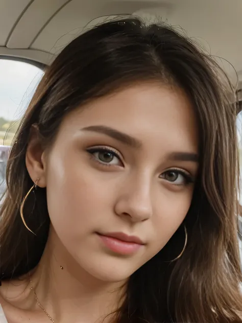 Photo of a 20 year old brunette woman, that has a very natural face, thin lips, thin eyes, thin ...