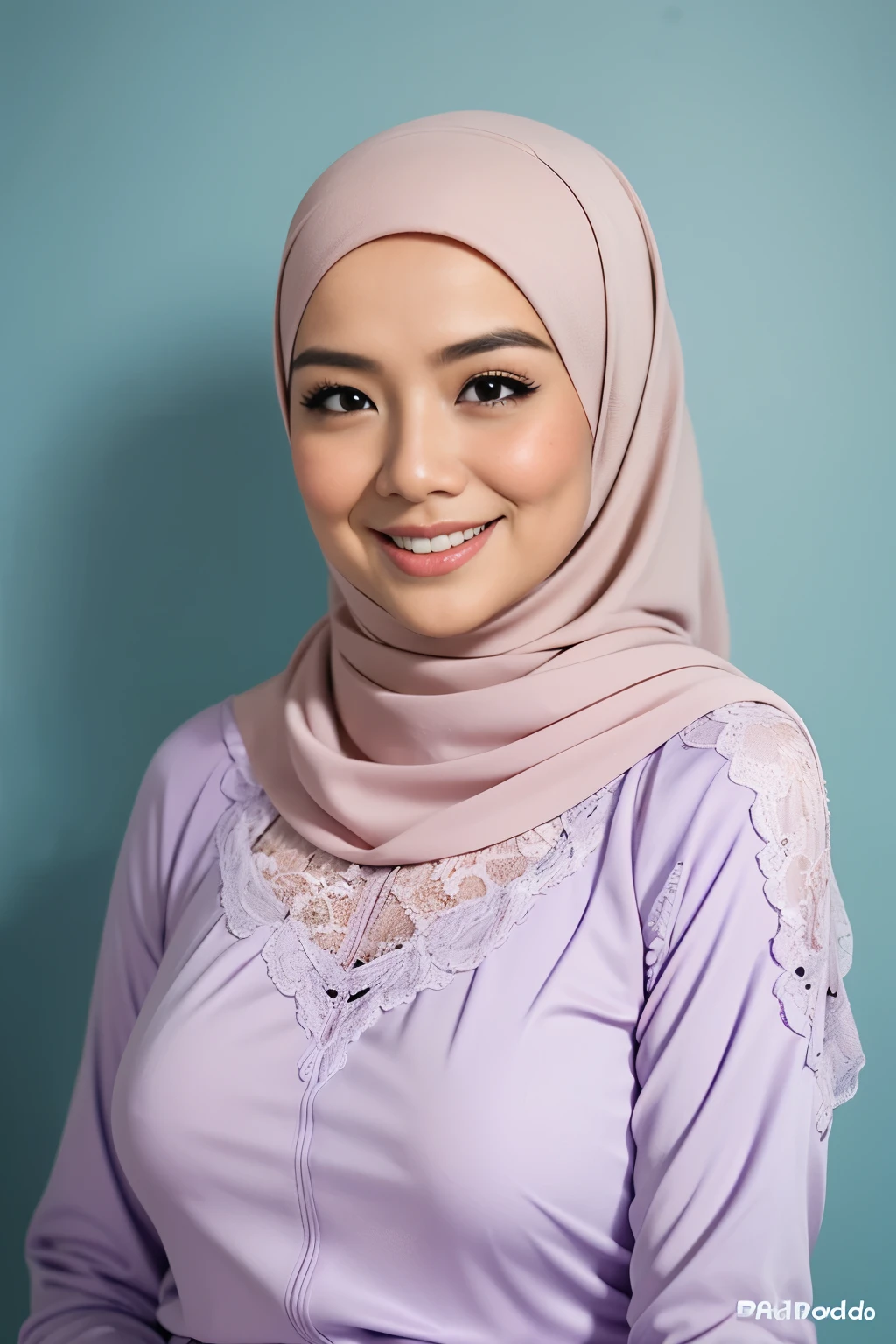 Matured Malay women in hijab wearing sexy satin lace lilac color bra and panties, portrait ...