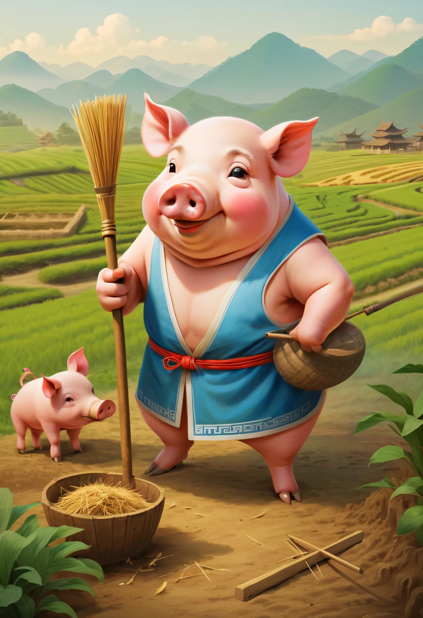 A painting of a pig with a broom and a pig in a field - SeaArt AI