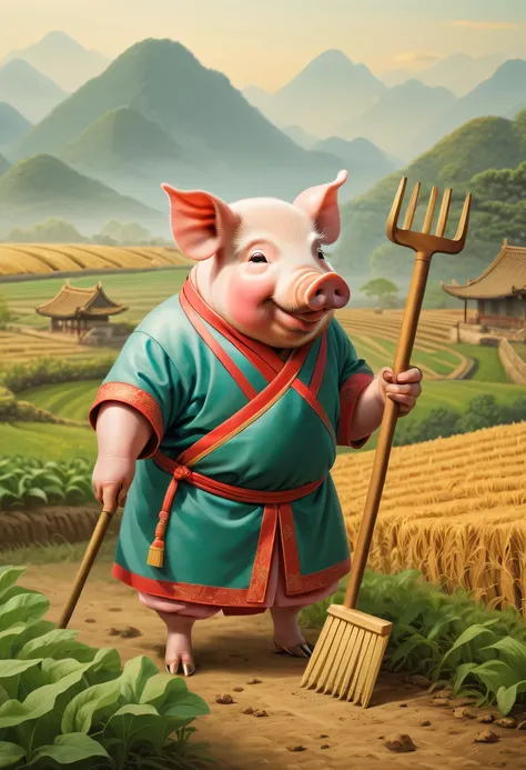 Farm life，Anthropomorphic pigs，ancient Chinese costume，Pigs working in ...
