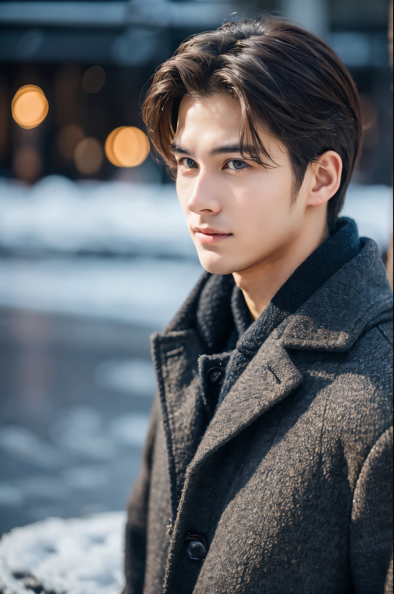 A close up of a person wearing a coat and looking at the camera - SeaArt AI