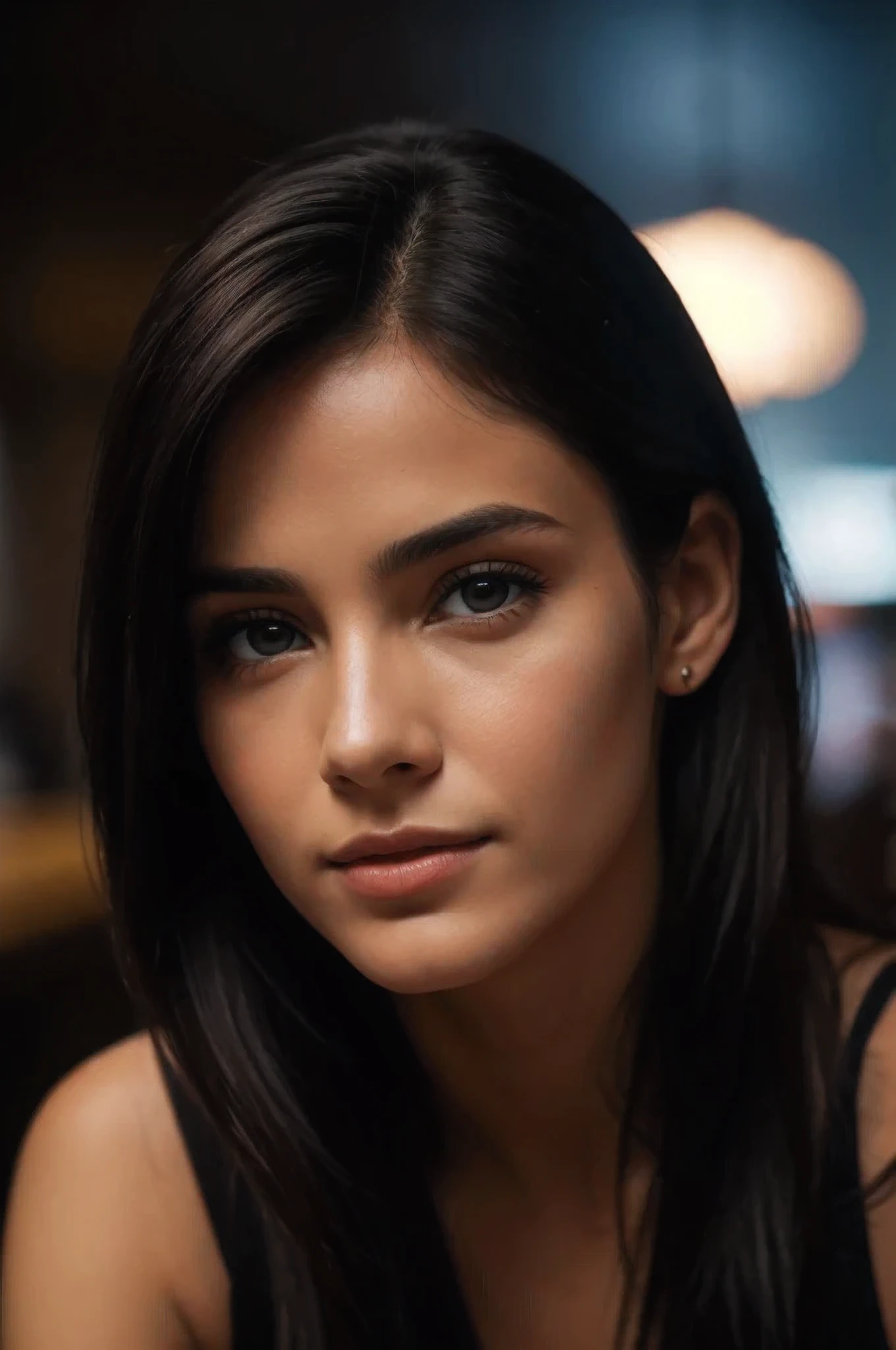 Un primer plano de una mujer con cabello largo y negro y un top negro - SeaArt AI