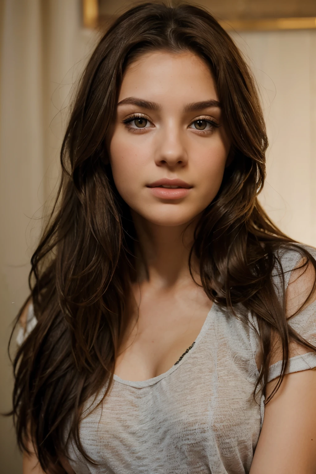 A close up of a woman with long hair and a gray shirt - SeaArt AI