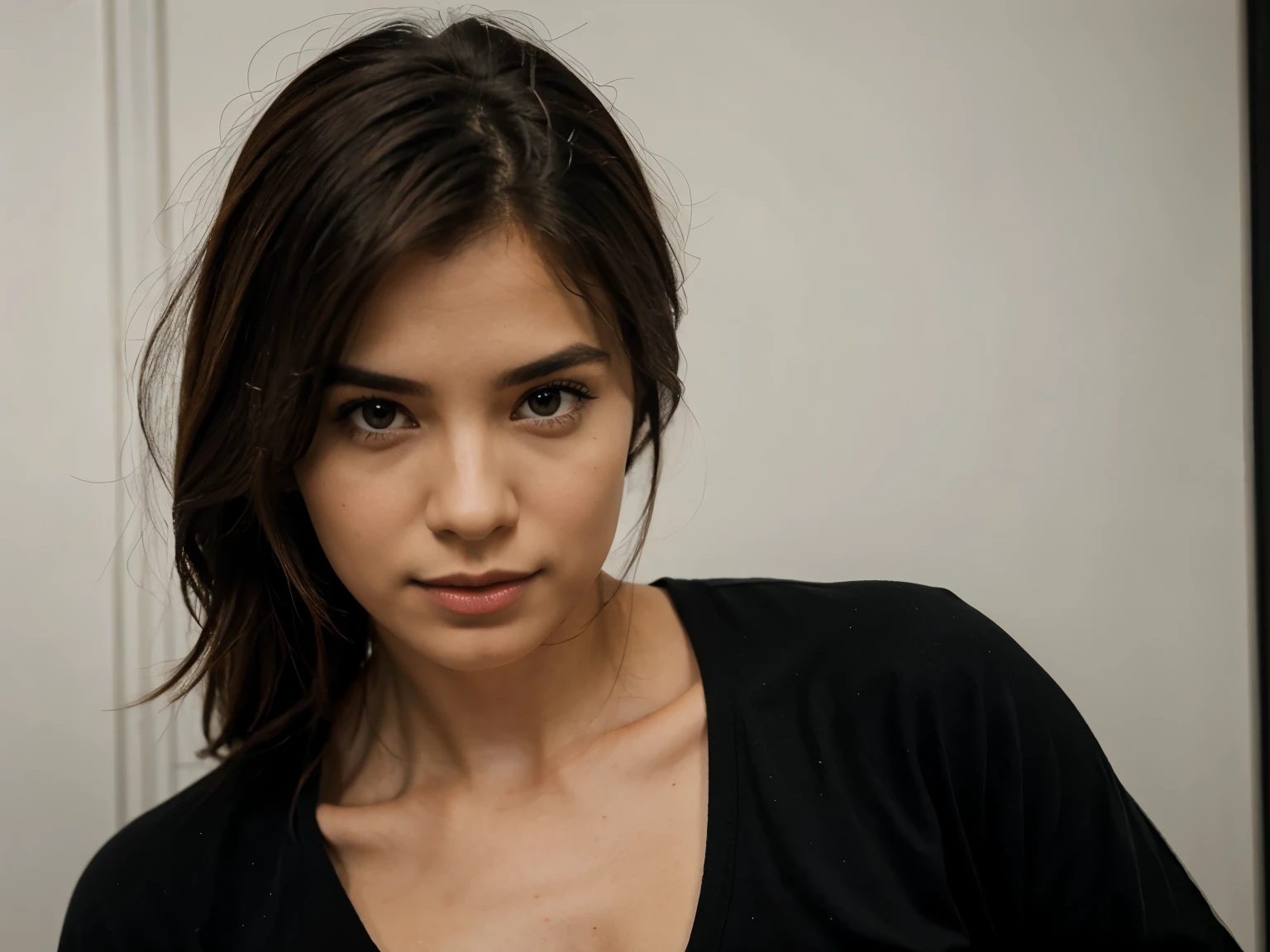 Arafed woman in black shirt looking at camera with serious look - SeaArt AI