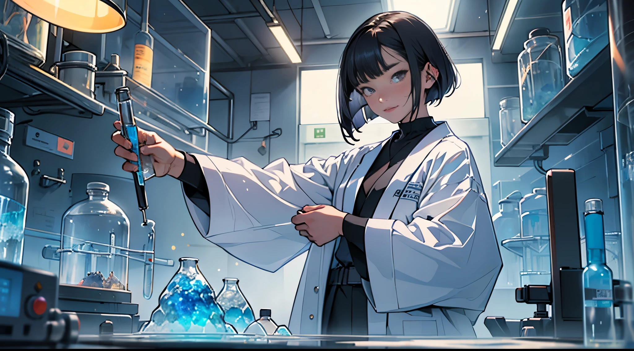 Girl with a dark bob in a robe, Scientist in a white lab coat stands in ...