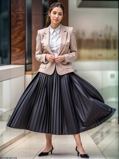 (shy:1,1) (authentic:1,5) smiling woman admiring her skirt on a space ship, wearing short blazer ...