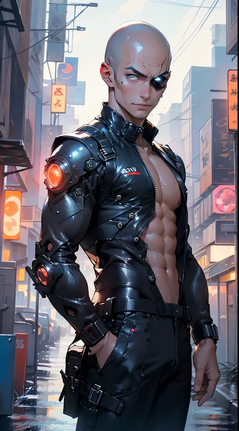 photo of a handsome male cyborg wearing futuristic black jacket with ...