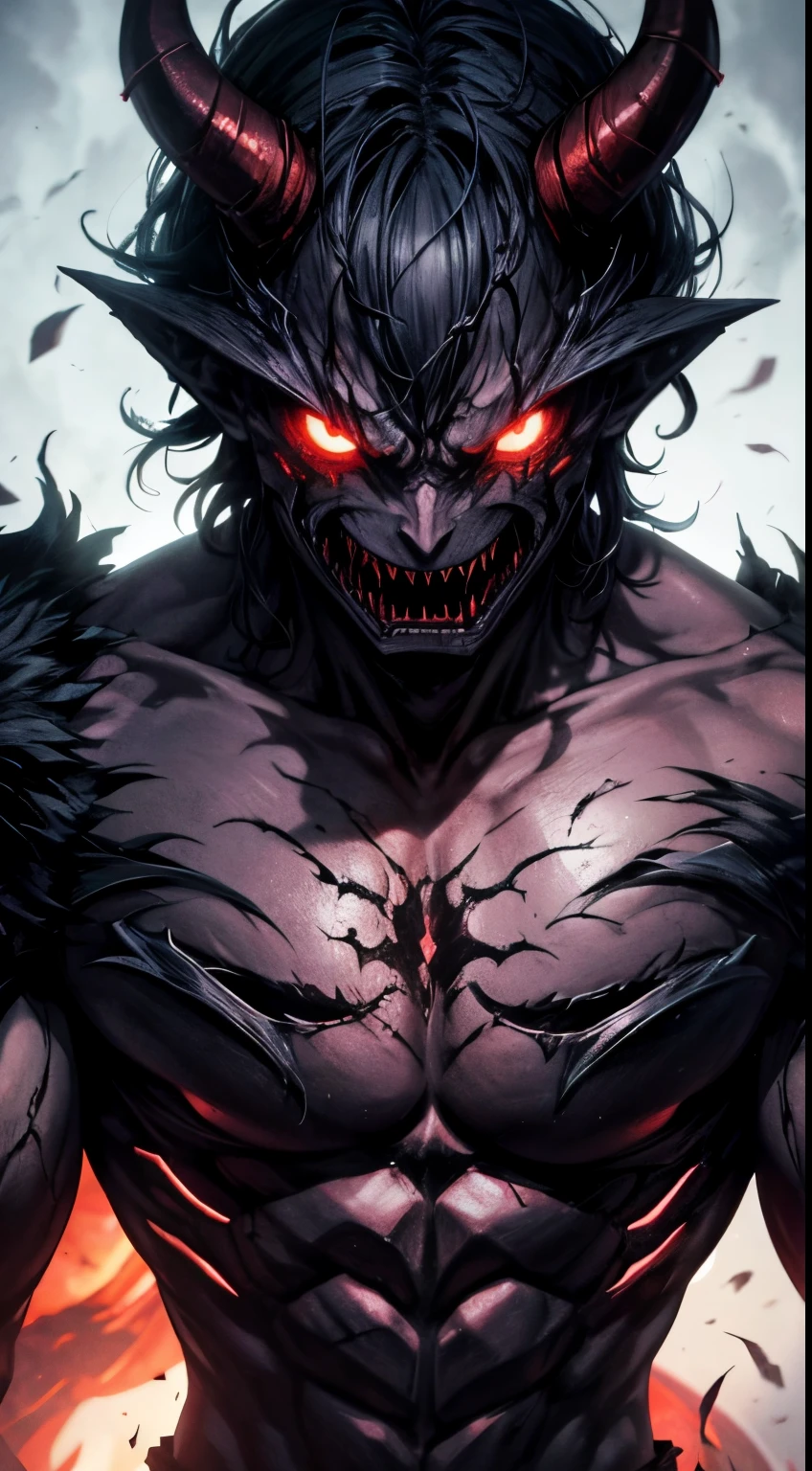 A close up of a demonic demon with red eyes and horns - SeaArt AI