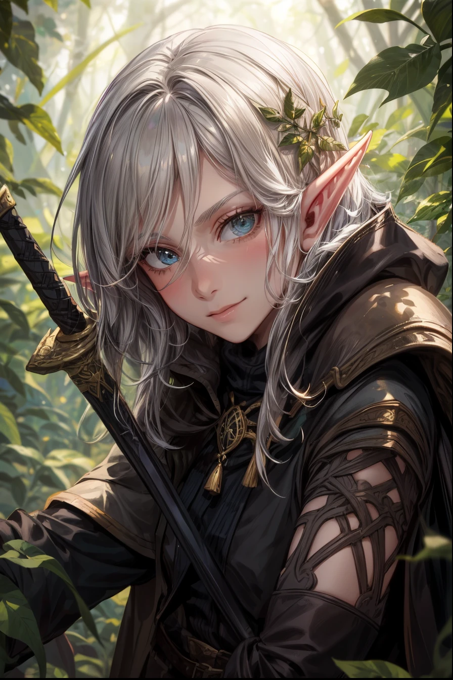 A close up of a person with a sword in a forest - SeaArt AI