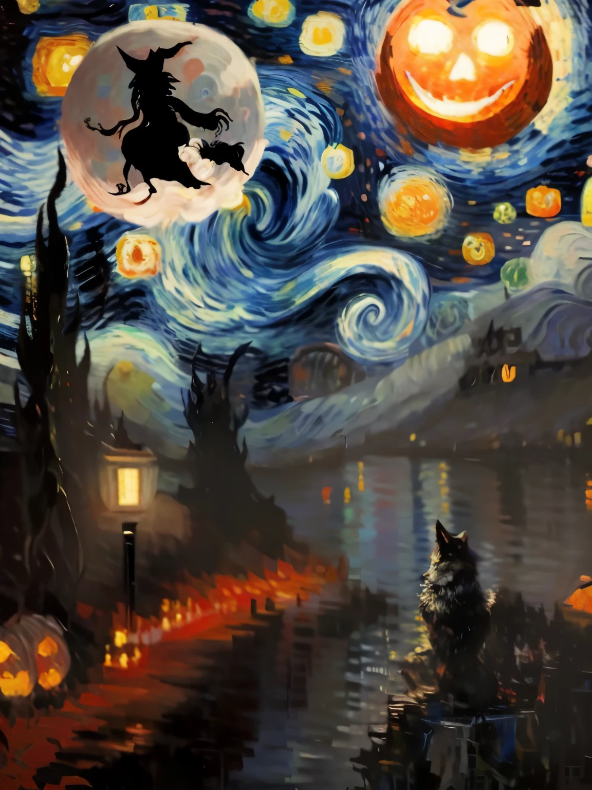 Starry night with a witch on a broom and pumpkins - SeaArt AI