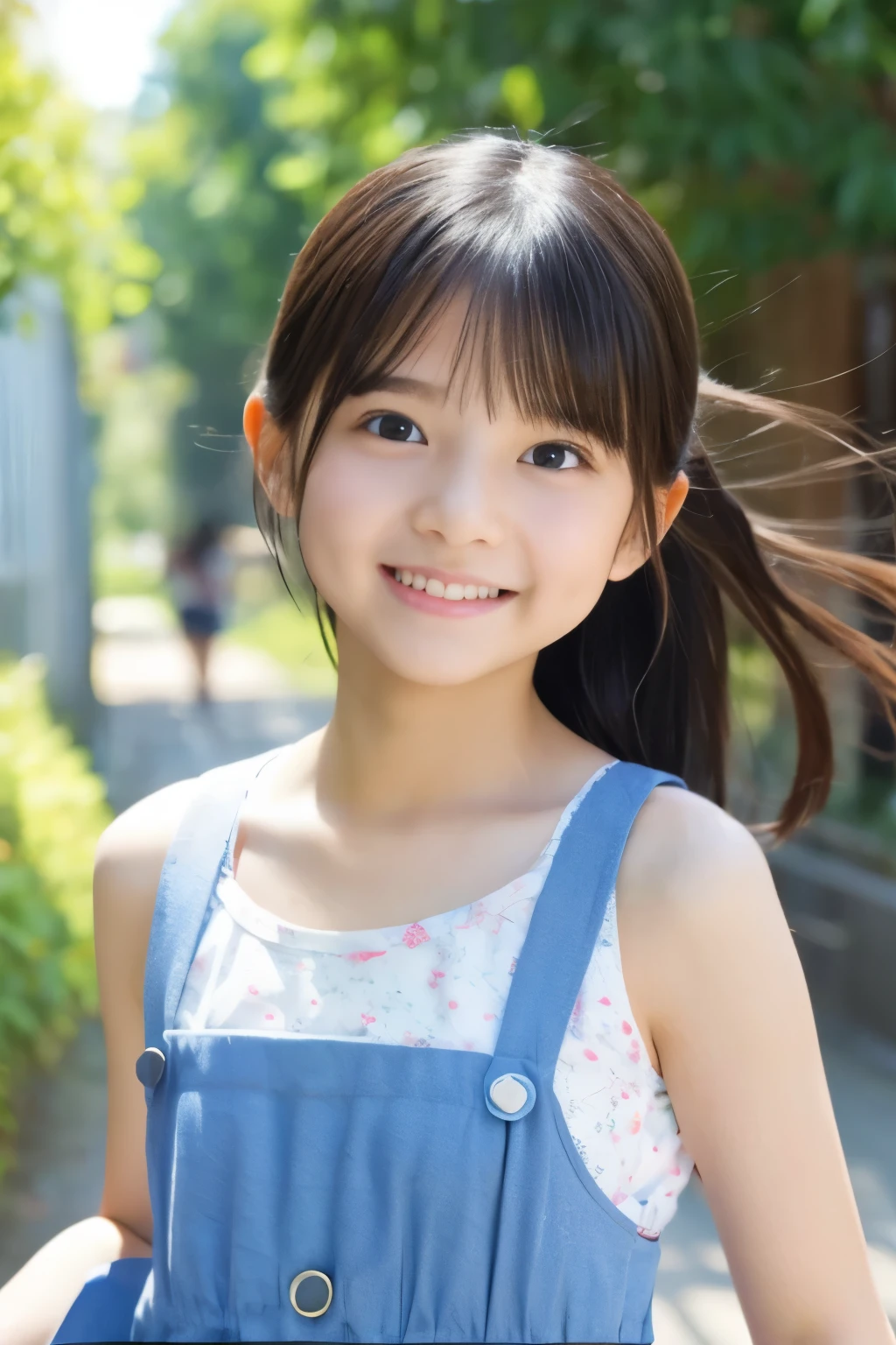童顔の女の子、走り回る、無邪気な笑顔、キャミソール、なびく髪 Seaart Ai