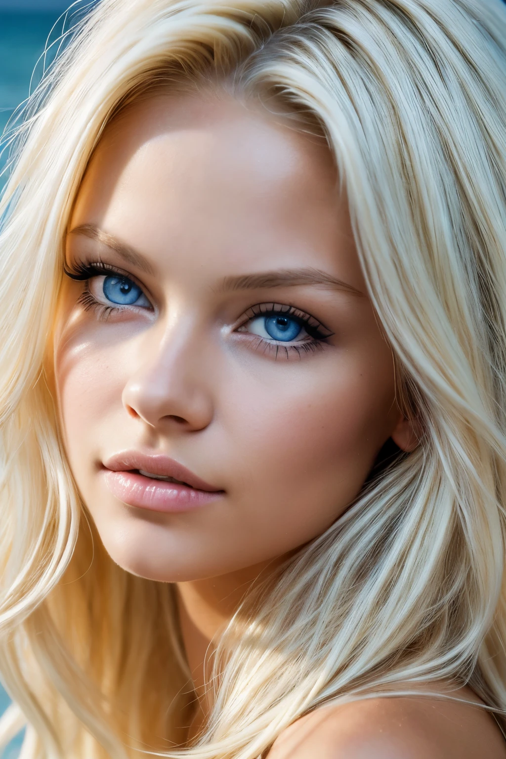 A close up of a woman with long blonde hair and blue eyes - SeaArt AI