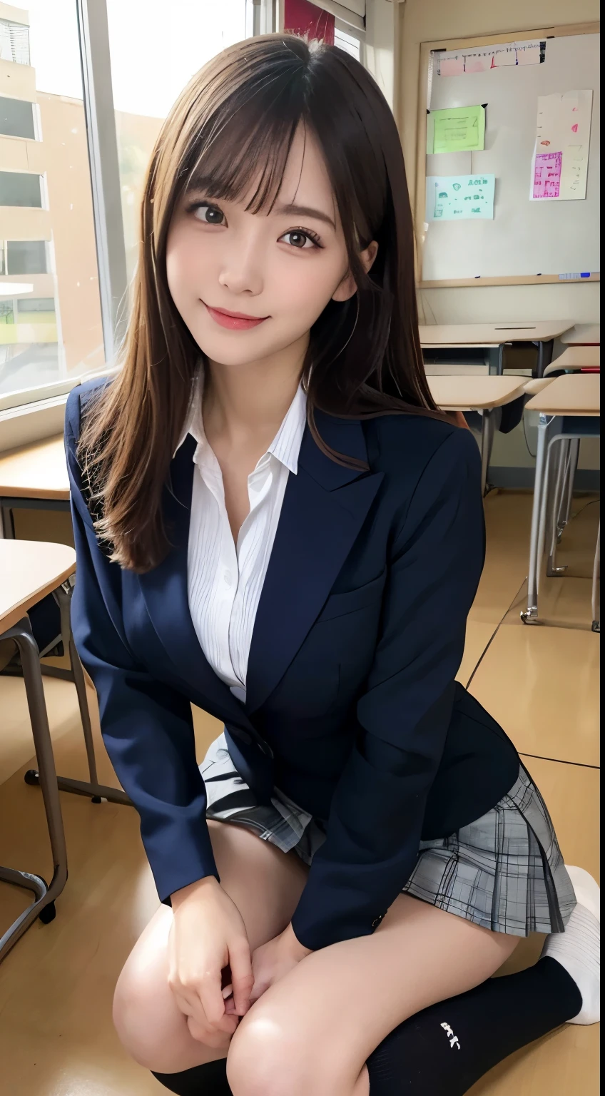 A close up of a woman in a school uniform sitting on a desk - SeaArt AI