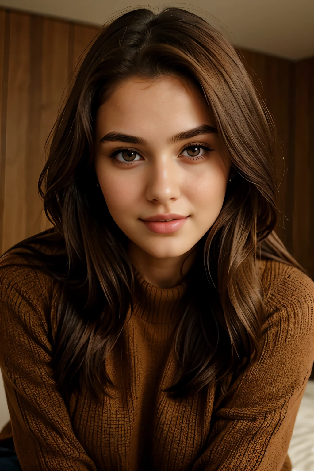 A close up of a woman sitting on a bed with a brown sweater - SeaArt AI