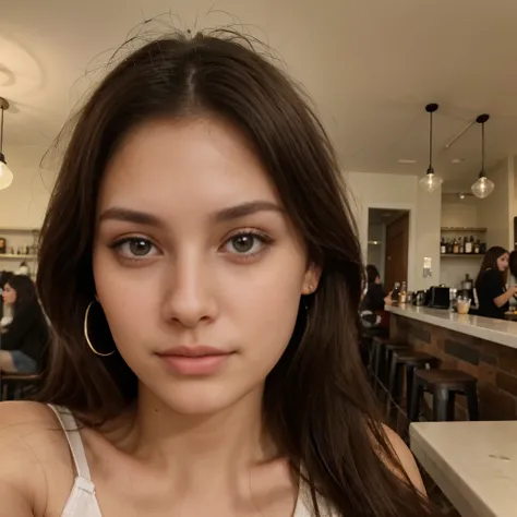 Photo of a 25 year old brunette woman, that has a very natural face, thin lips, thin eyes, thin ...